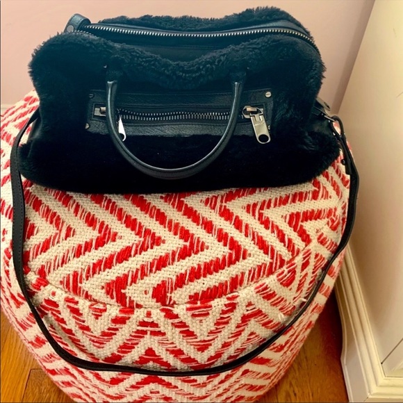 Milly | Bags | Milly Designer Black Fur Shoulder Bag With Leather Strap ...